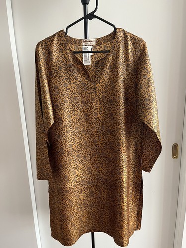 New Fabindia Dress Tunic Mustard Purple Floral Hand Block Print Silk ...