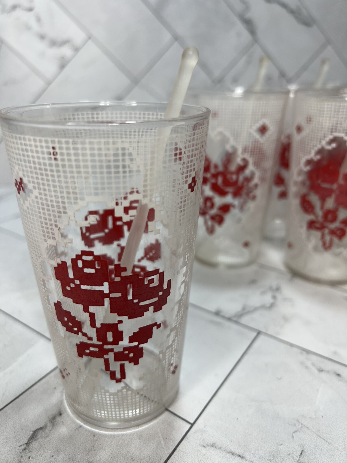 Vintage Needle Point Red Rose Pattern Glass Set Of 14 | eBay