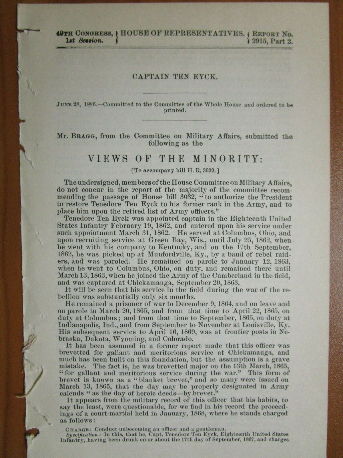 Government Report 6/28/1886 US Army Captain Ten Eyck 18th US Infantry ...