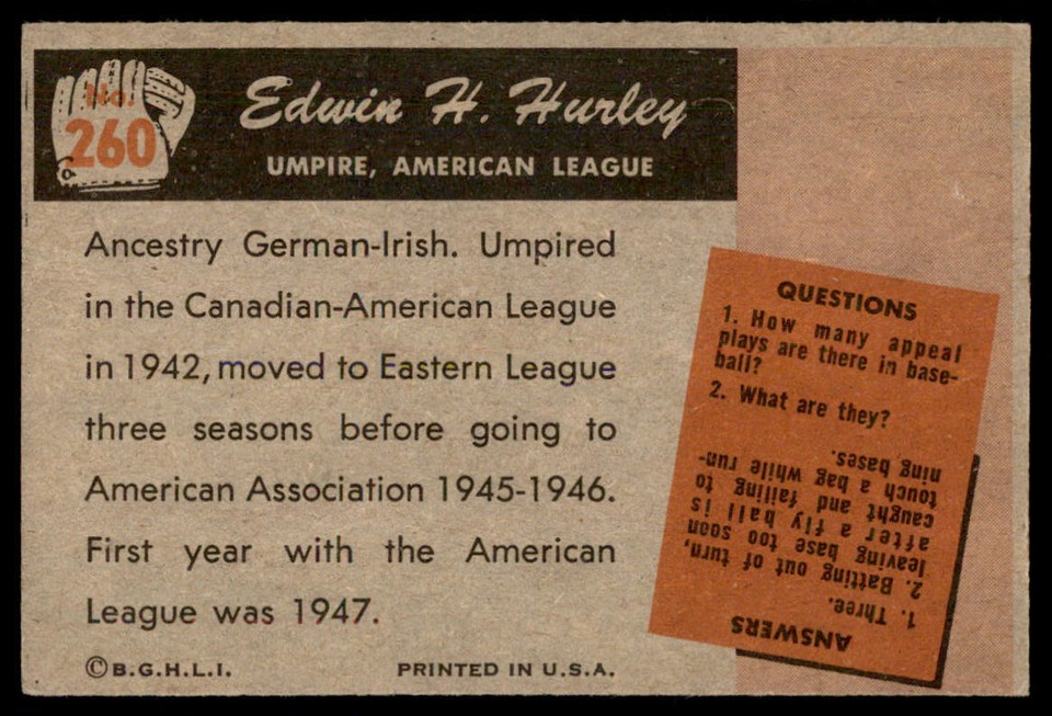 1955 Bowman #260 Edwin H. Hurley Umpire (one crease on front) | eBay