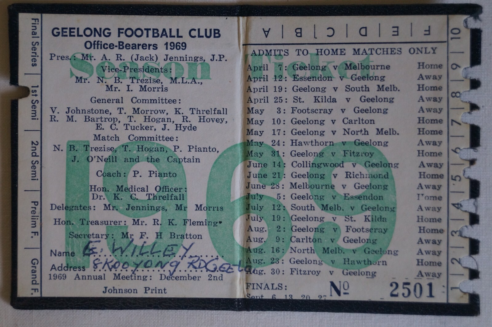 Geelong Cats AFL VFL Vintage 1969 Members Season Ticket Over Half a ...
