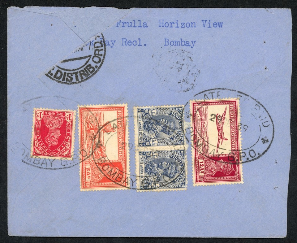 1939 India Cover Italy 21a 12p Late Free Paid Bombay GPO, Passed Censor ...