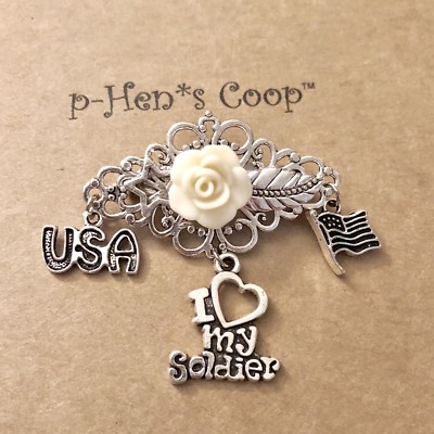 Brooch Pin “I Love My Soldier” W USA Flag & Rose Artisan handmade USA ...