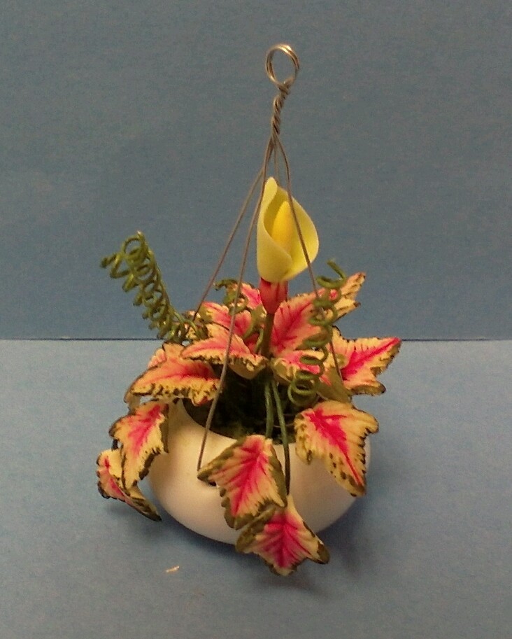 Dollhouse Miniature Hanging Caladium w/bud in glazed pot by Bright ...