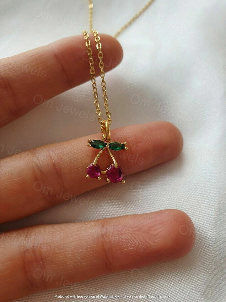 1 Ct Round Cut Red Ruby Cherry Pendant 14K Yellow Gold Finish Free ...