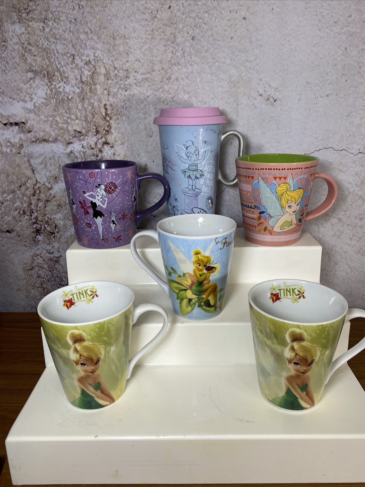Lot of 6 Disney Tinkerbell Pixie Dust Tink Mugs Coffee Cups Lid Pink ...