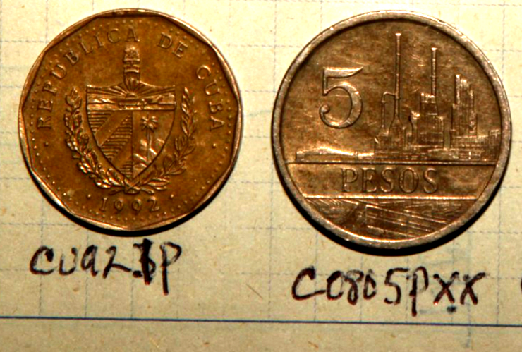 2 Coins - Colombia 5 Pesos Policarpa Execution 1980 / Cub@ 1 Peso 1992 ...