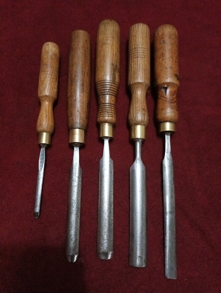 Vintage Five Sheffield Steel Wood Carving Gouges Polished Hardwood ...