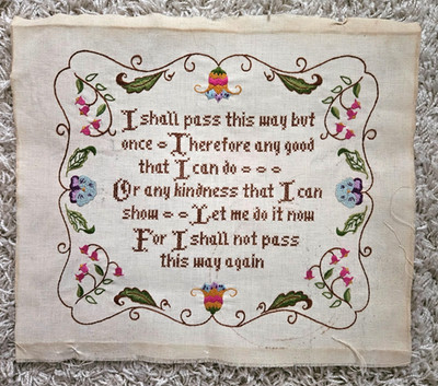 Vintage Linen Cross Stitch & Embroidered Completed "But Once" poem READ ...
