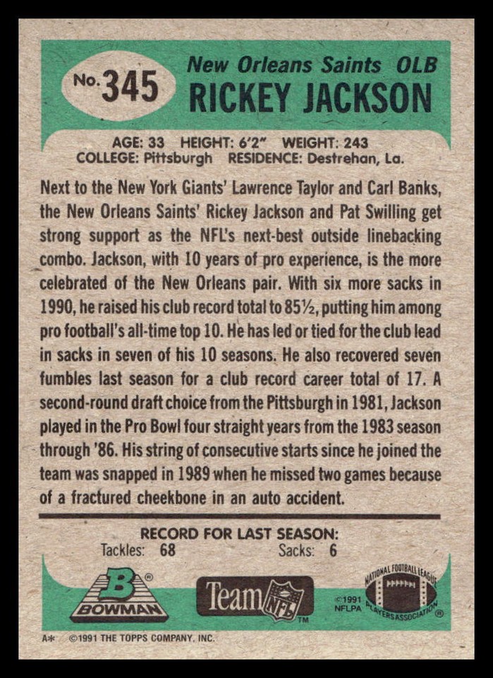 1991 Bowman #345 Rickey Jackson New Orleans Saints | eBay