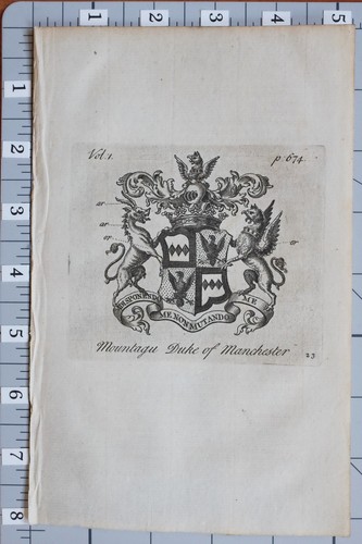 1756 ANTIQUE PRINT FAMILY CREST COAT OF ARMS BRYDGES DUKE OF CHANDOS ...