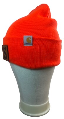 Carhartt Beanie Men's Hat Leather Patch Bright Neon Orange Knit
