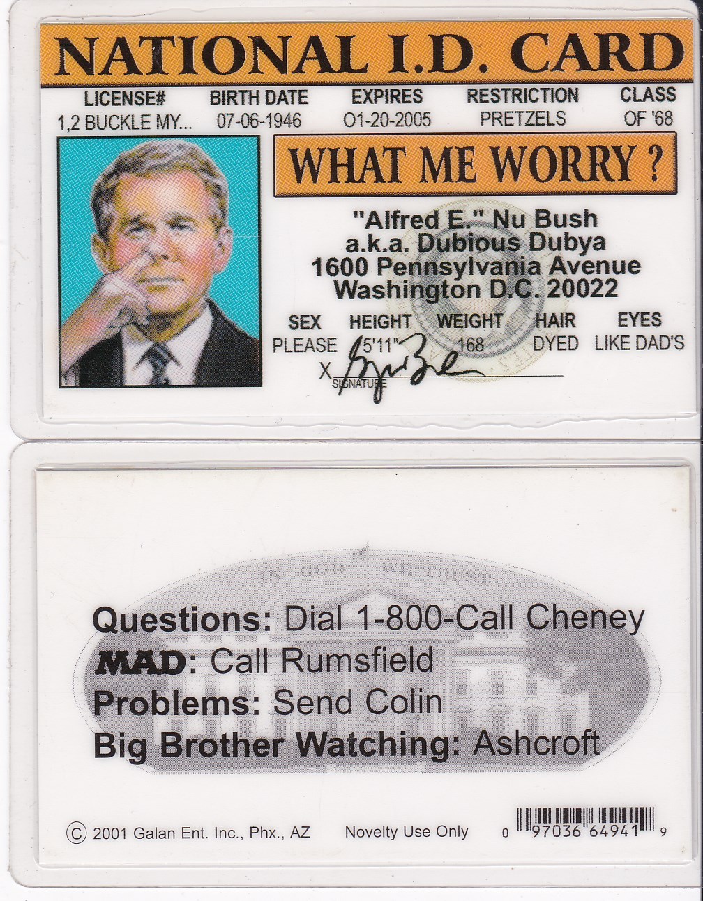 NATIONAL ID George W Bush MAD MAGAZINE Alfred E Neuman drivers License ...