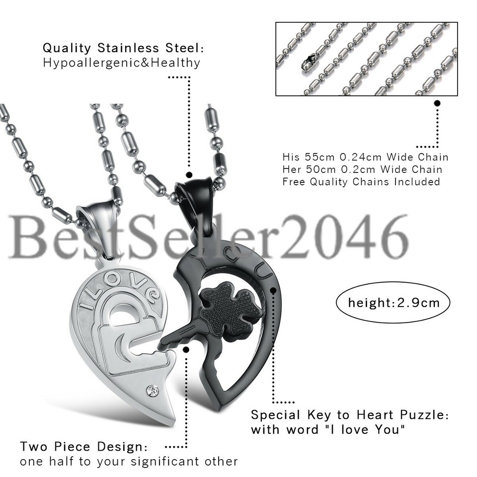 2pcs His&Hers Matching Heart Love Key Pendant Stainless Steel Couple ...