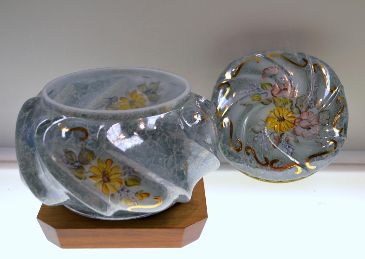 FENTON PUFF BOX Green Marbelized Floral 6080RH 1992 CONNOISSEUR ...