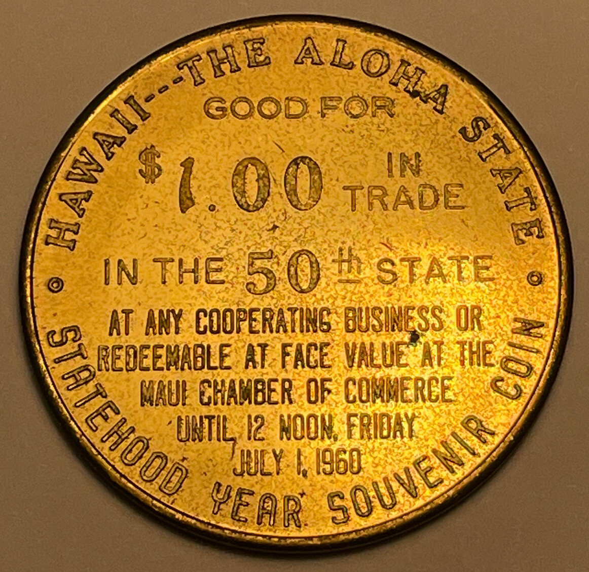 1959 UNITED STATES US Hawaii 50th STATEHOOD VINTAGE Medal Dollar Token ...