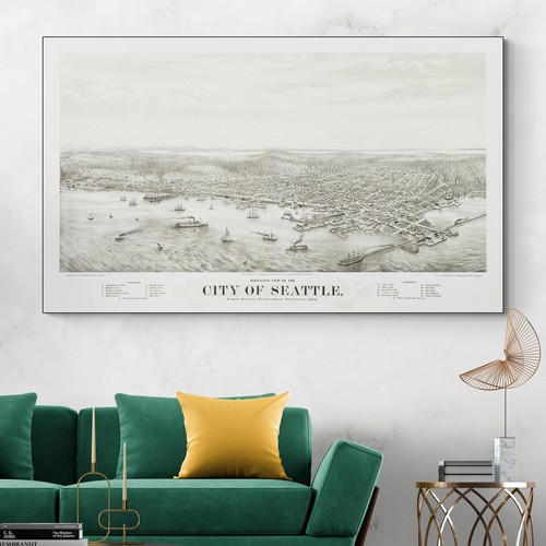 1878 Birds Eye Map of Seattle WA – City Streets, Waterfront & Early ...