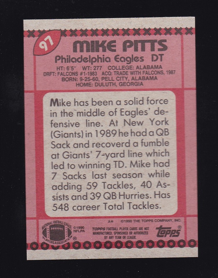 1990 Topps Mike Pitts #97 Philadelphia Eagles | eBay