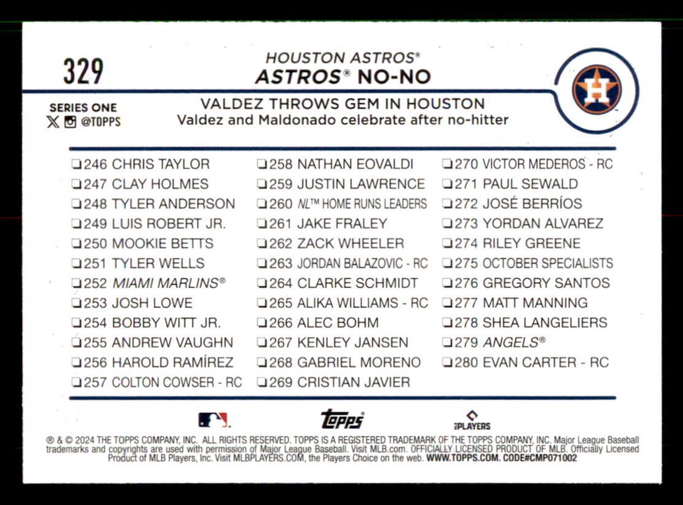 2024 Topps Yellow #329 Astros No-No: Valdez Throws Gem in Houston ...