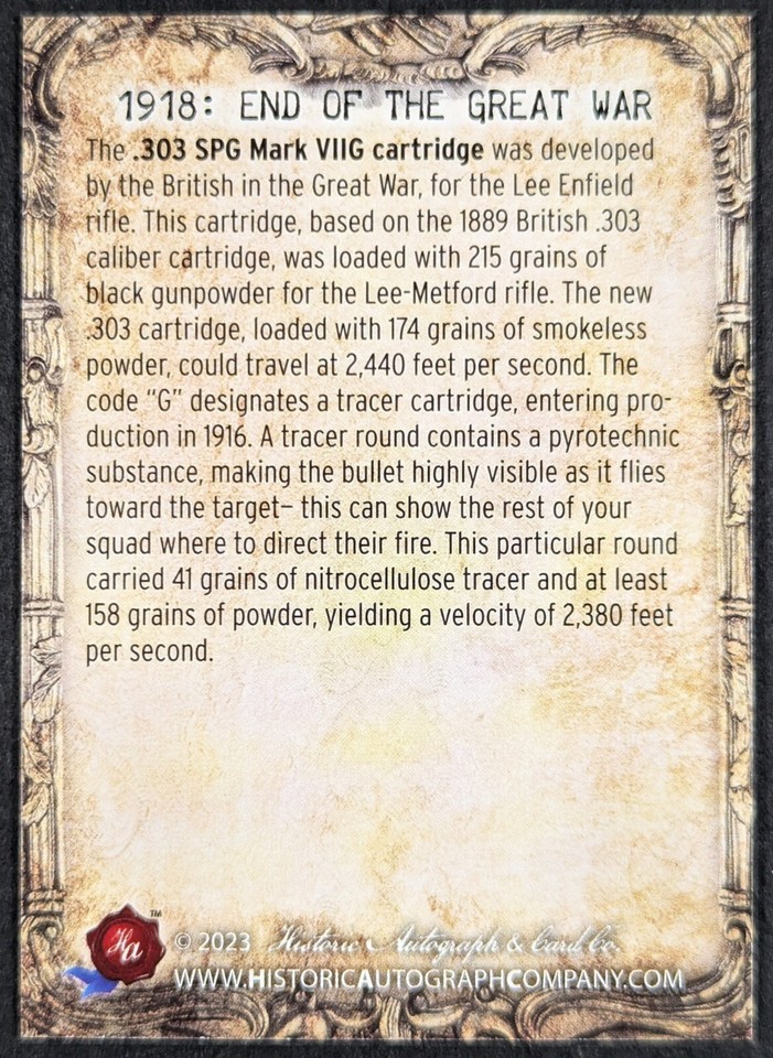 .303 SPG Mark Cartridge Bullet 2023 End of The Great War History Card ...