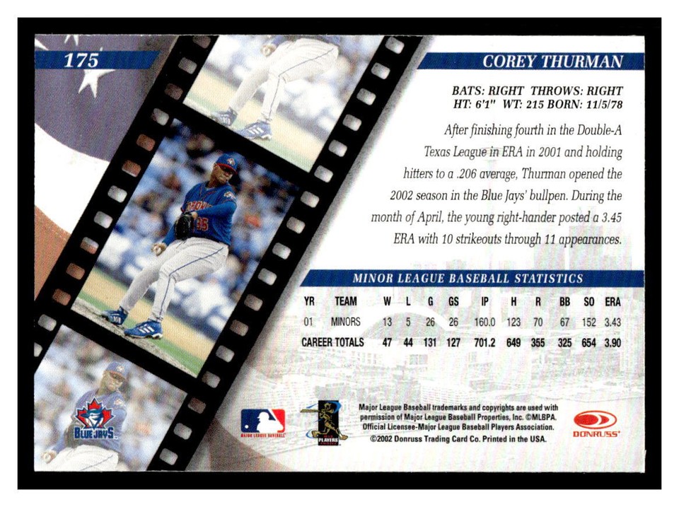 2002 Donruss Studio #175 Corey Thurman - Toronto Blue Jays Rookie | eBay