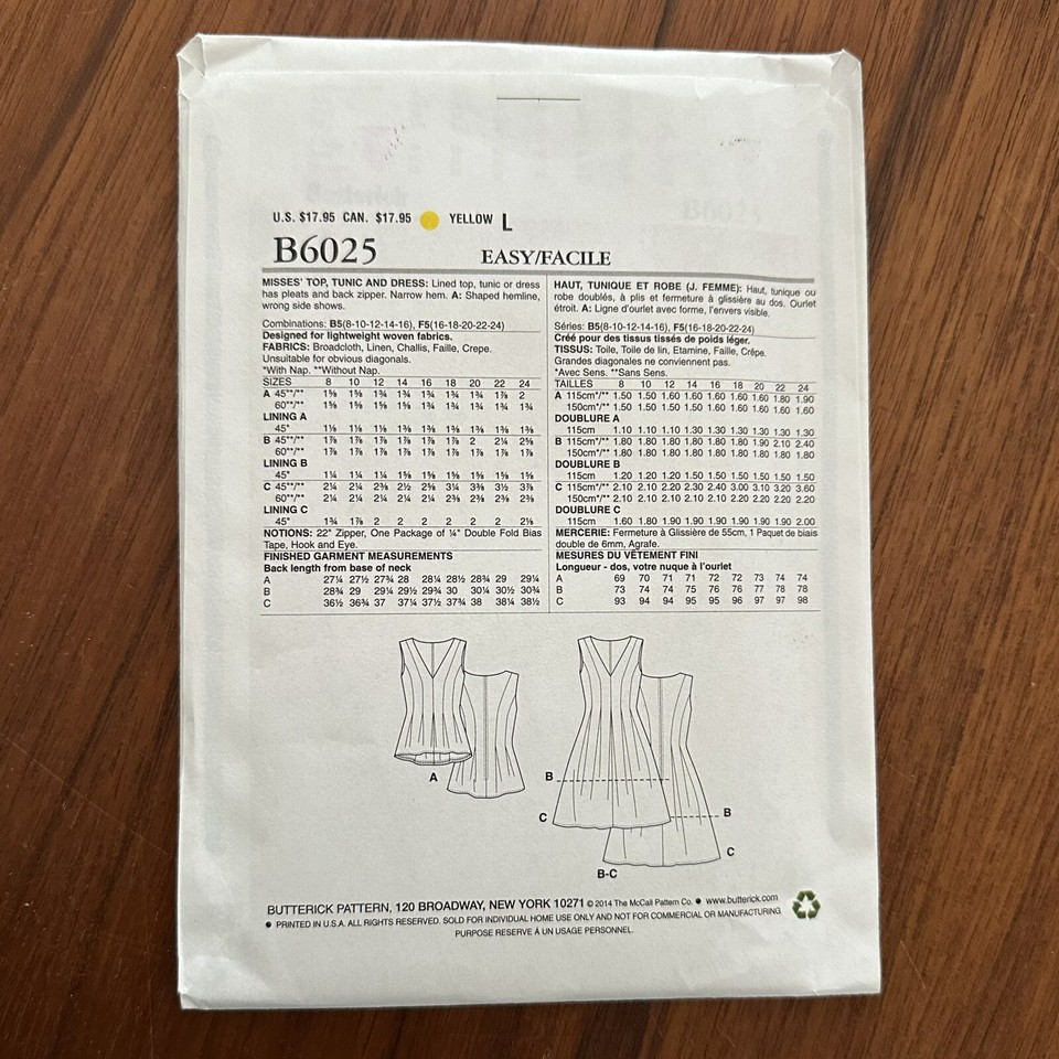 Uncut BUTTERICK 6025 NEW TOP TUNIC DRESS TUCKS 8-16 | eBay