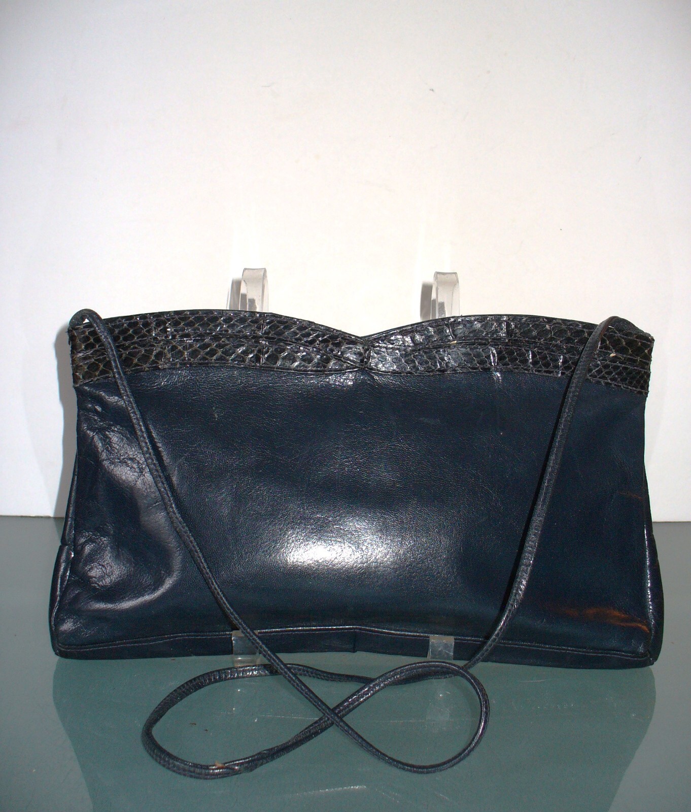 Vintage Navy Blue Leather & Snake Skin Shoulder Bag - Gem