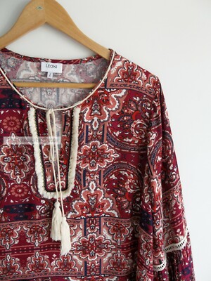 LEONI // Size L // NEW Burgundy & Navy Boho Print Tassel Tie Blouse ...