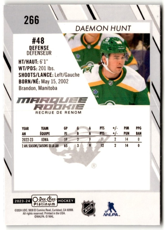2023-24 OPC Platinum Daemon Hunt Rookie #266 Minnesota Wild | eBay