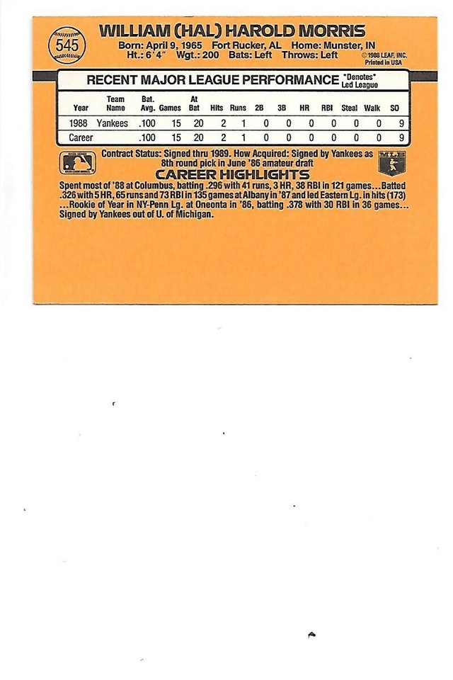 Hal Morris Donruss 1989 Rookie Baseball Card #545 NY Yankees | eBay