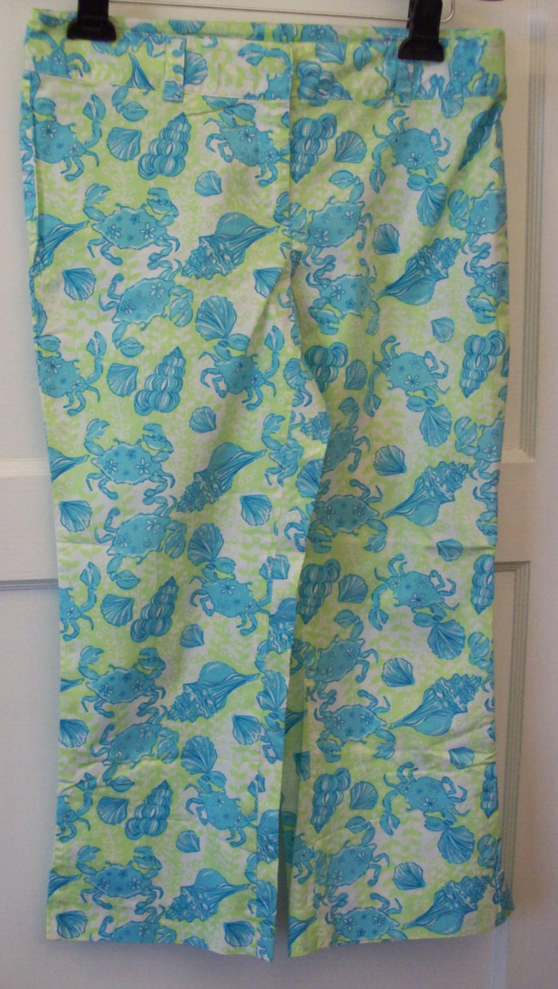 Lilly Pulitzer Crabs+Sea Shells Crop Pants~Blue/Green… - Gem
