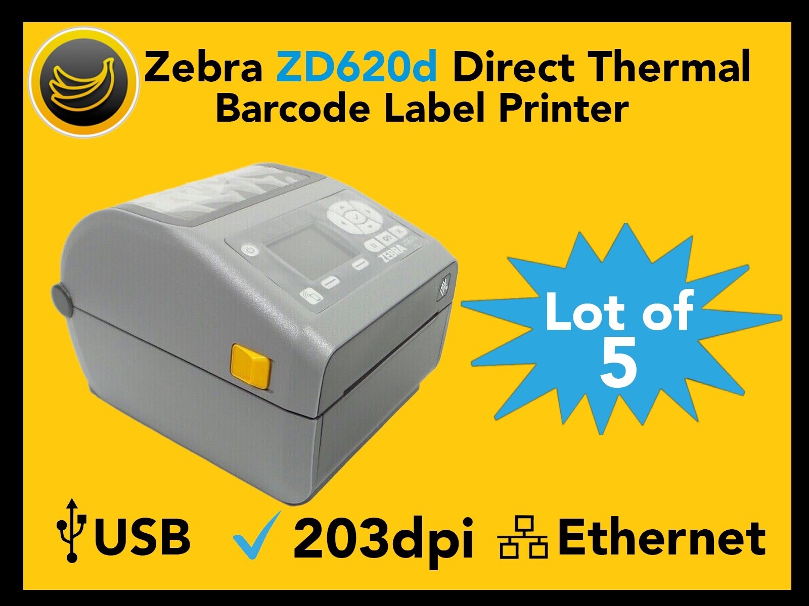 Lot of 5 Zebra ZD620d Direct Thermal Barcode Label Printer, USB ...