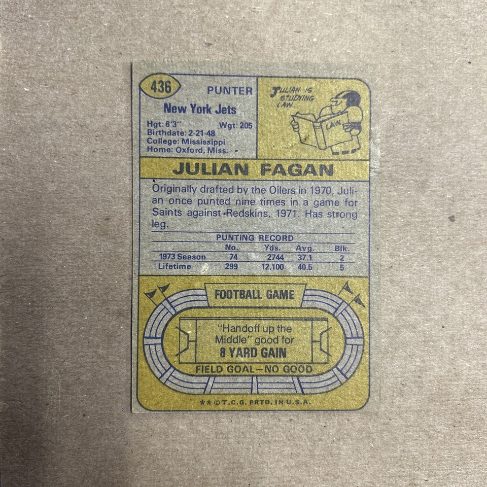 1974 Topps Football Julian Fagan New York Jets Card #436 | eBay