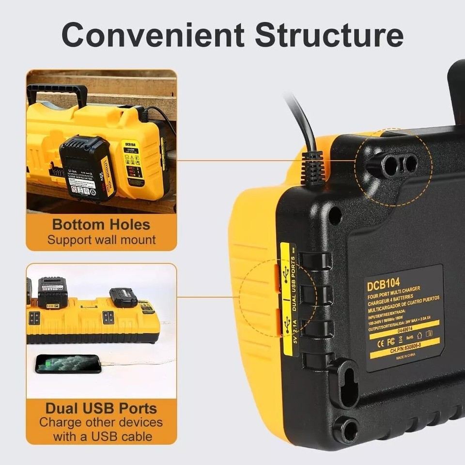 NEW DCB104 4-Port Fast Charger For DEWALT 10.8V/14.4V/12V/20V Lithium ...