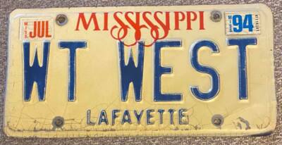 Mississippi VANITY License Plate WT WEST | eBay