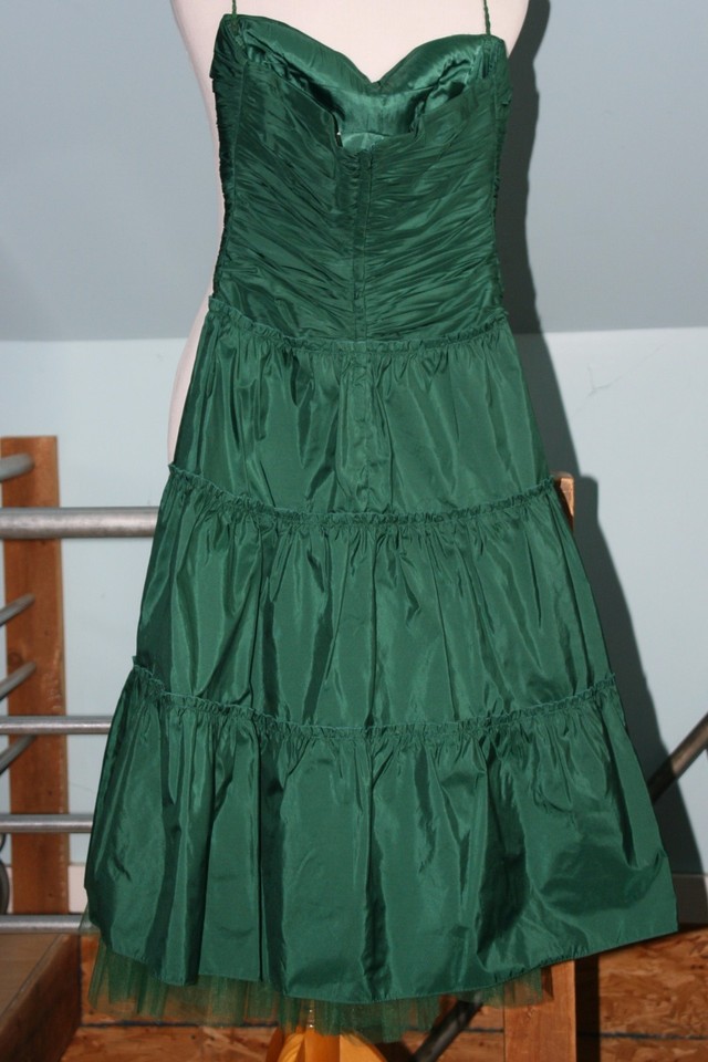 BCBG Max Azria Green Silk Party Dress Halter Tiered Skirt Ruched Bodice ...