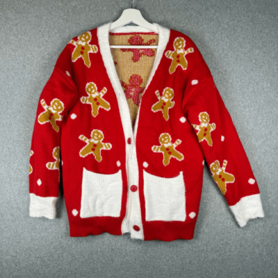 Shein Womens Medium Button Front Gingerbread Man Cardigan Sweater Red ...