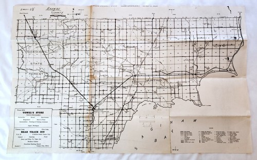 1940s Arenac County, Michigan, foldout road map; Au Gres, Standish ...