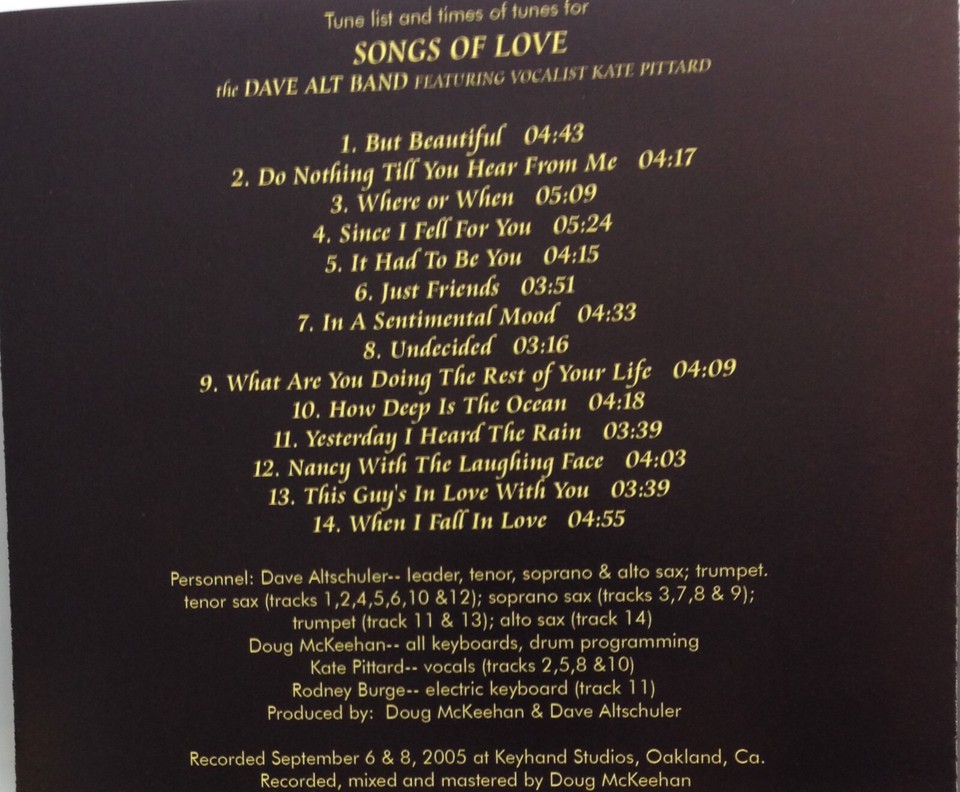 David Alt Band: Songs of Love (CD) Katie Pittard Rare * Out Of Print ...