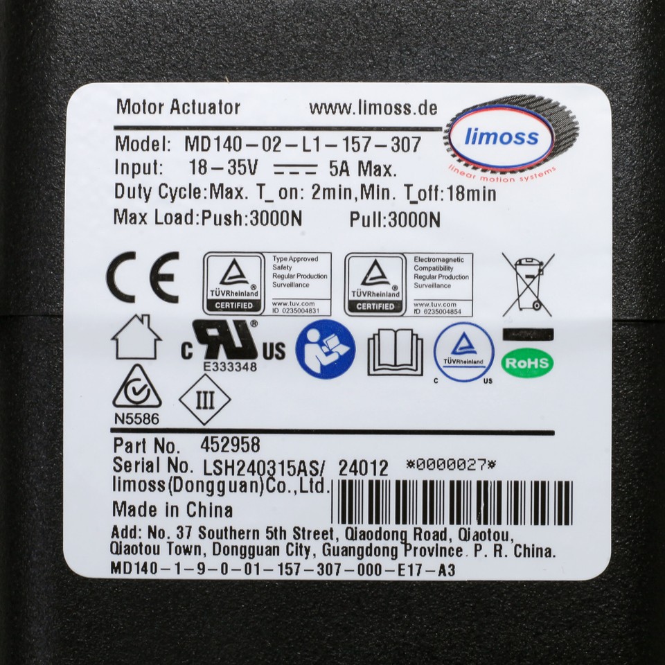 Linear Actuator Limoss 452958 Motor MD140-02-L1-157-307 Kit for ...