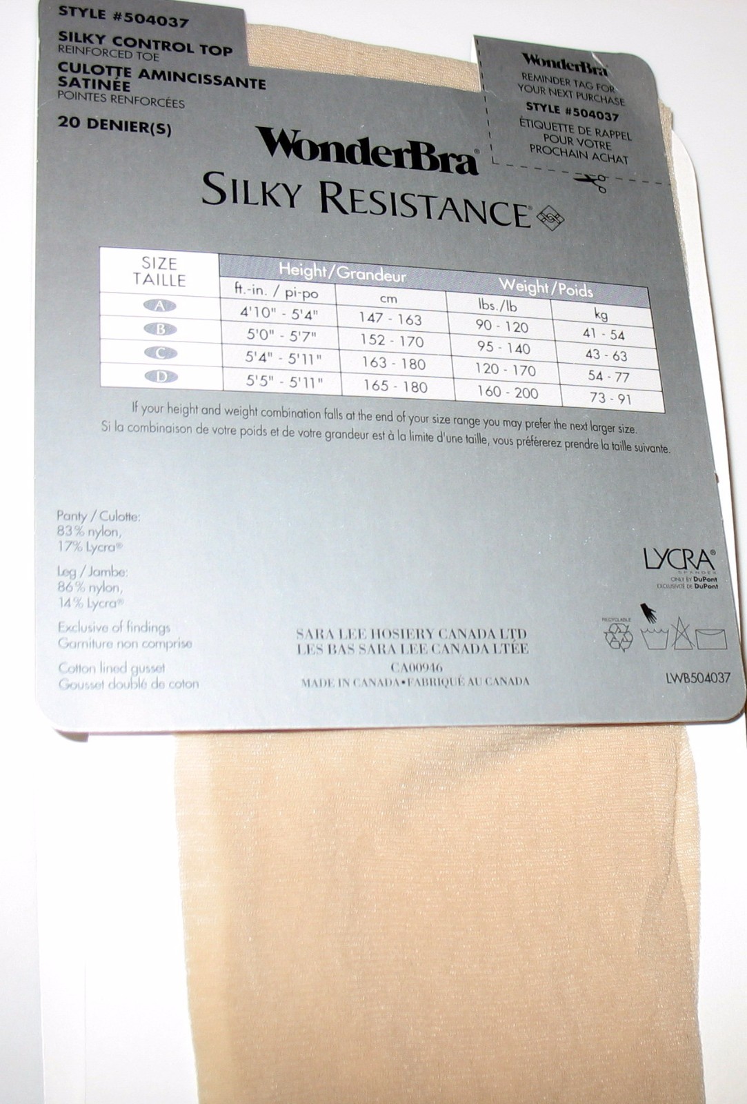 WonderBra - NEW - Silky Resistance Control Top PANTYHOSE Size B - COLOR ...