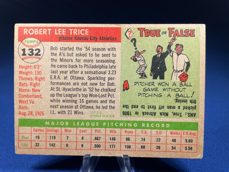 1955 Topps Baseball Card Bob Trice #132 Kansas City Athletics | eBay