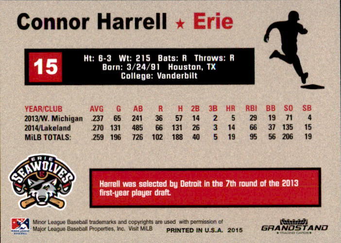 2015 Erie SeaWolves Grandstand #12 Connor Harrell Houston Texas TX ...