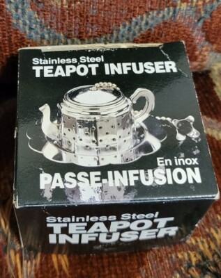 Vtg Tea Infuser w Tray Tea Ball Hong Kong Teapot Shaped Strainer In Box ...