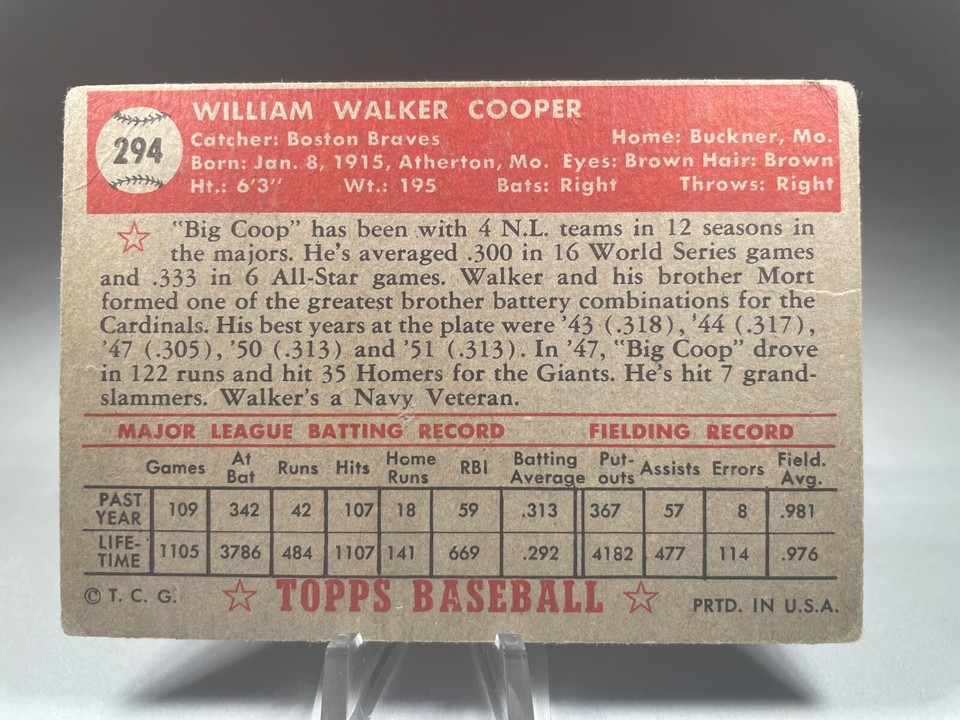 1952 Topps Baseball Walker Cooper #294 Boston Braves | eBay