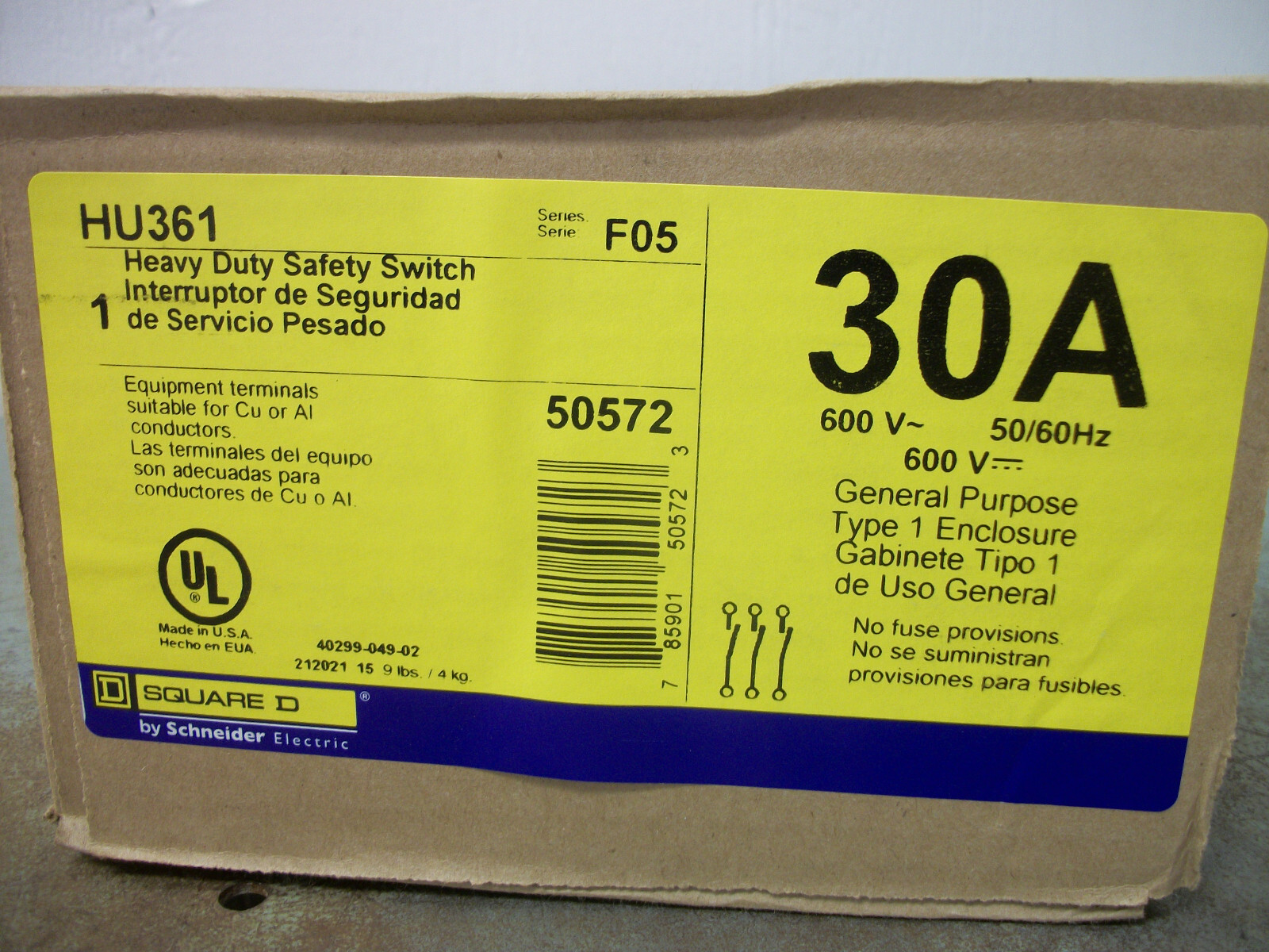 SQUARE D DISCONNECT TYPE 1 HU361 30AMP 600VOLT 3POLE NON-FUSIBLE NIB | eBay