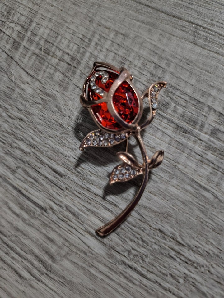 Gold Tone Single Stem Red Rose Brooch w Red Cabochon & White ...