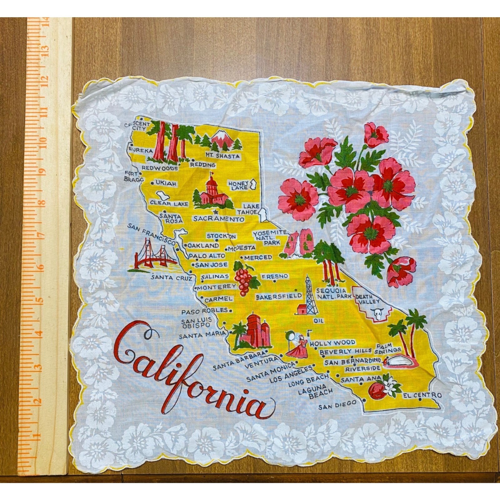 Vintage 1940s 1950s California Travel Map Floral Scal… - Gem