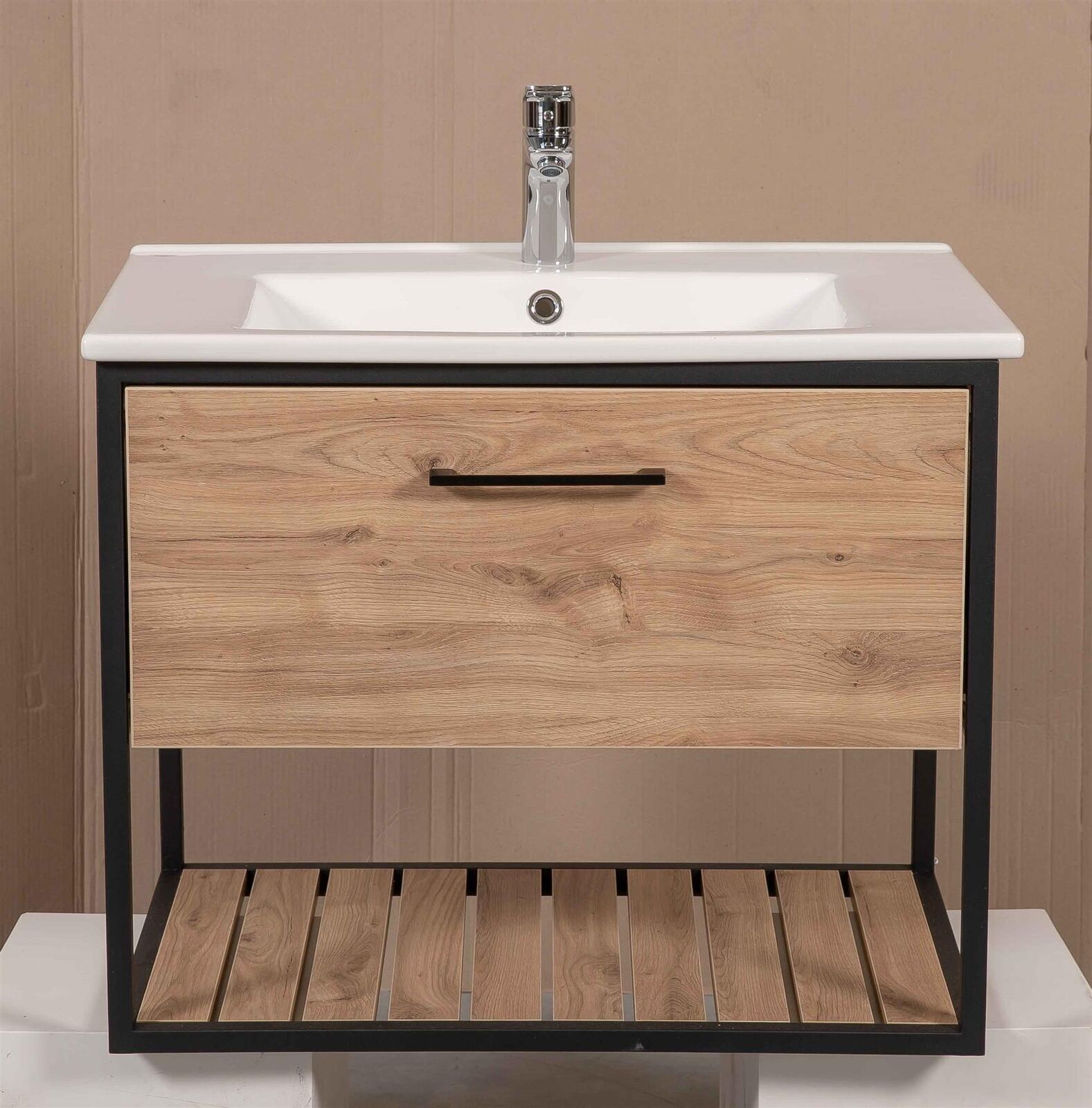 Wall Hung Bathroom Vanity Unit 65cm Matt Black Frame Storage Unit 900 ...