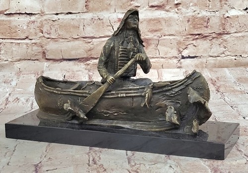 Bronze Marble Statue Indian Native Hunter Chief Canoe Native American ...